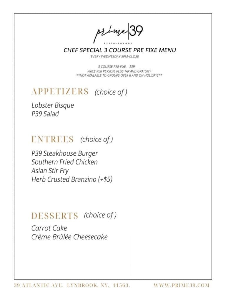 Prime 39 Dinner Menu: Lynbrook's Best Steaks & Dishes